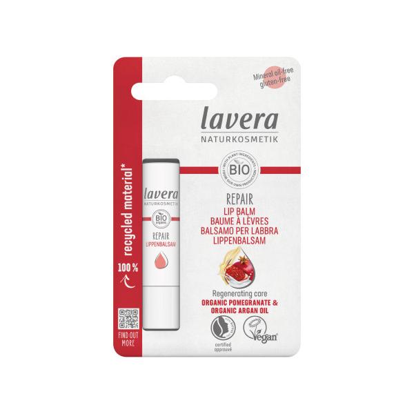 「ラヴェーラ　Lavera　リペアリップバーム　4.5g」は、オーガニックざくろとアルガンオイルが荒れた唇を集中的に保湿します。鉱物油フリー、ヴィ―ガン処方で繊細な唇を乾燥からしっかり守ります。柔らかいローズの香りをベースに、グレープフルー...