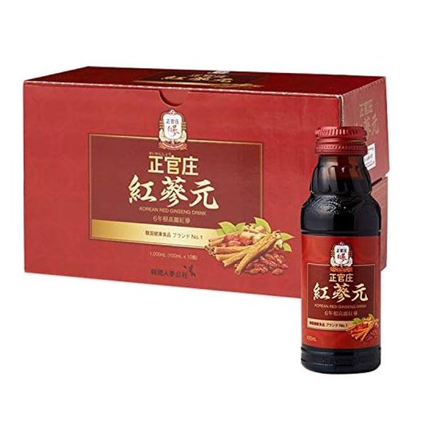 紅参配合のドリンク「正官庄 紅参ドリンク 紅参元 100mL×10本」は、紅参を使用した飲料です。■メーカー　韓国人蔘公社ジャパン■区分　健康食品/健康飲料/高麗人参