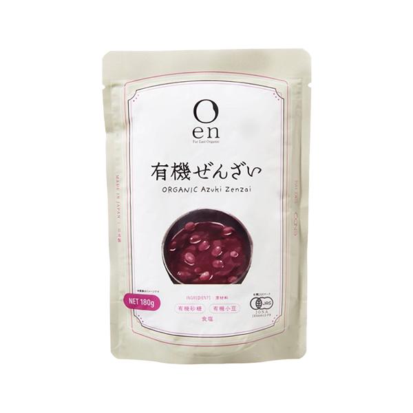 「en 有機ぜんざい　180g」は、有機栽培で作った小豆と砂糖を使用したぜんざいです。あずきもたっぷり入ってさっぱりとした甘さのぜんざいで、白玉や栗、餅を入れて美味しいぜんざいをお楽しみいただけます。パウチに入っているので使いやすく手軽に手...