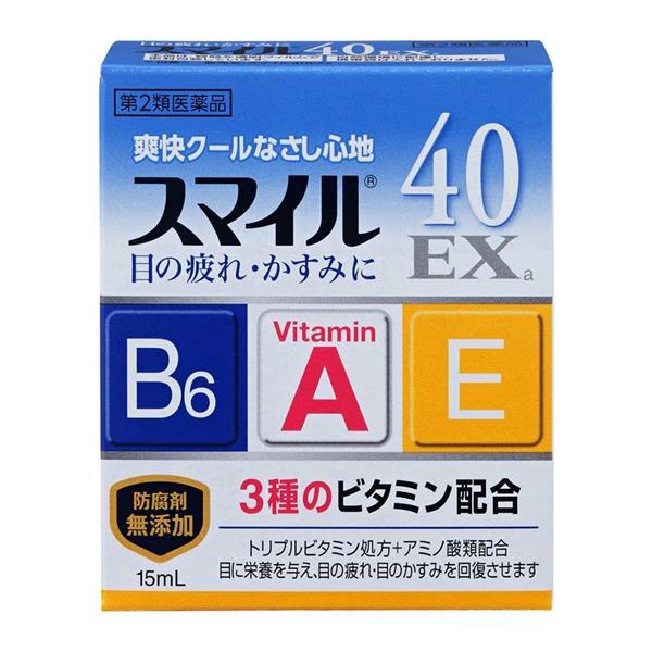「スマイル40EX　15mL」は、角膜細胞の正常な働きを助ける「ビタミンA」（40EXa・40EXマイルドa：3万単位、40EX クール：1万単位）に加え、「ビタミンE」、「ビタミンB6」を配合。目の疲れ等を改善します。アミノ酸類「L-アス...