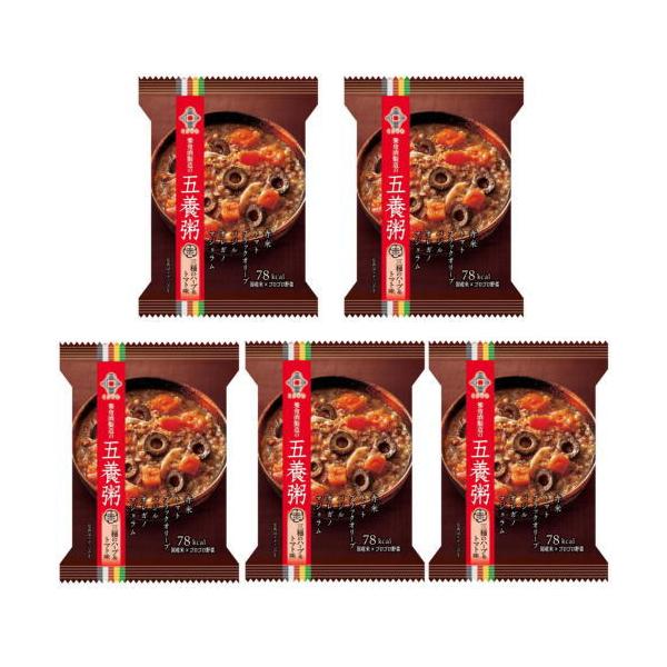 赤米とブラックオリーブの色合いが楽しめる、トマトの美味しいお粥。「五養粥 赤」は、赤米に3種類のハーブを効かせた南欧リゾット風のお粥です。トマトの鮮やかな赤に、ブラックオリーブが映えます。1食78kcalと低カロリー※。※ご飯お茶碗１杯分（...