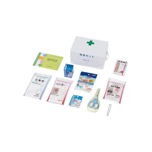 ●オフィスの常備に最適。●包帯や毛抜きなど、応急手当ての必須用品をまとめた救急セット。●取っ手の付いた箱型ケースに入っています。