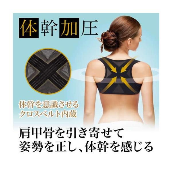 姿勢を正し、体幹を感じて引き締まったカラダへサポート！内蔵されたクロスベルトが肩甲骨を中心に引き寄せることで、体の軸（体幹）を意識。胸を張ったきれいな姿勢へと自然と導きます。クロスベルトを通気性のよいメッシュ生地で覆っているのでアウターにひ...