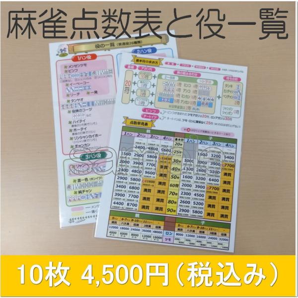 商品名：麻雀点数表と役一覧　【10枚セット】　メール便可A4両面印刷のラミネート加工です。（表：点数表　裏：役一覧）点数表は、30符4翻　60符3翻　切り上げ満貫に対応！役一覧は、役満以外の役一覧が掲載されています。【商品情報】A4サイズ　...
