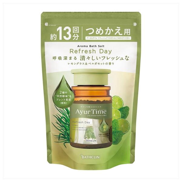 バスクリン アーユルタイム リフレッシュデイ つめかえ用 520g バスソルト 入浴剤 浴用化粧料4548514159280２種の天然精油配合の奥深く繊細な香りと世界遺産生まれの天然海塩（基剤）に浸り心地よくバランスを整えるバス用品・洗面用...