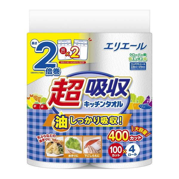 大王製紙 エリエール 超吸収キッチンタオル 100カット×4ロール キッチンペーパー4ロール入りのキッチンタオルで、1ロールあたり100カット　水をぐんぐん吸うのにやぶれにくい！ 4902011823240 紙製品:キッチンタオル:キッチン...