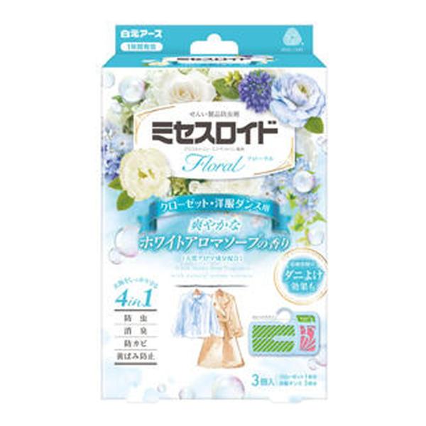 白元アース ミセスロイド フローラル クローゼット・洋服ダンス用 1年間有効 ホワイトアロマソープの香り 3個入防虫・消臭・防カビ・黄ばみ防止 ４つの機能で衣類を守ります。ダニよけ効果付き　防虫剤 4902407126498 防虫剤・除湿剤...