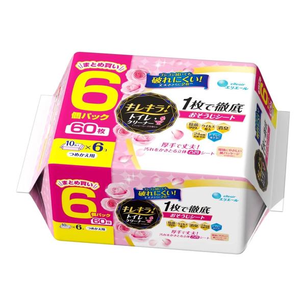 大王製紙 エリエール キレキラ! トイレクリーナー 1枚で徹底おそうじシート ハッピーローズ つめかえ用 60枚(10枚×6P)ゴシゴシ拭いても破れにくい! 4902011106848 キッチン・お掃除用品:住居用洗剤:トイレ広告文責：アッ...