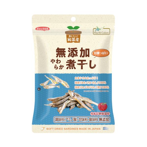 ■商品名：純国産 やわらか煮干し■内容量：50g■メーカー：ノースカラーズ■原材料：煮干し（かたくちいわし（国産）、食塩（海水（国産）））、りんご酢（りんご（国産））、てん菜糖（てん菜（北海道産、遺伝子組換えでない））、黒酢（玄米（国産））...