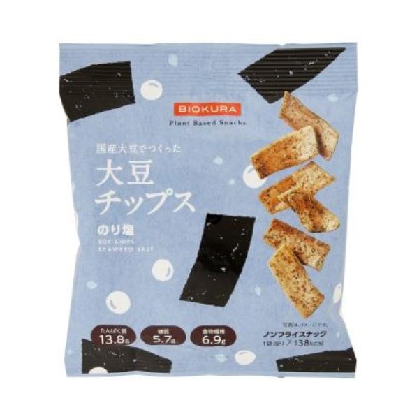 ■商品名：大豆チップス のり塩■内容量：35g■メーカー：BIOKURA■賞味期限：製造日より1年■原材料：大豆（国産、分別生産流通管理済み）、米油、食塩、昆布エキス、あおさ、焼海苔、てんさい糖、わかめ粉末、酵母エキス、マイタケ粉末、ガーリ...