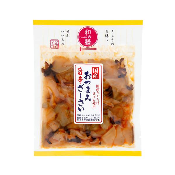 ■商品名：国産おつまみ旨辛ざーさい■内容量：95g■メーカー：マルアイ食品■原材料：ざーさい（国産）、しょうゆ、ホタテ貝ひも（国産）、きくらげ（国産）、砂糖、ごま油、米酢、米発酵調味料、食塩、酵母エキス、ホタテエキス、梅酢、かつおエキス、唐...