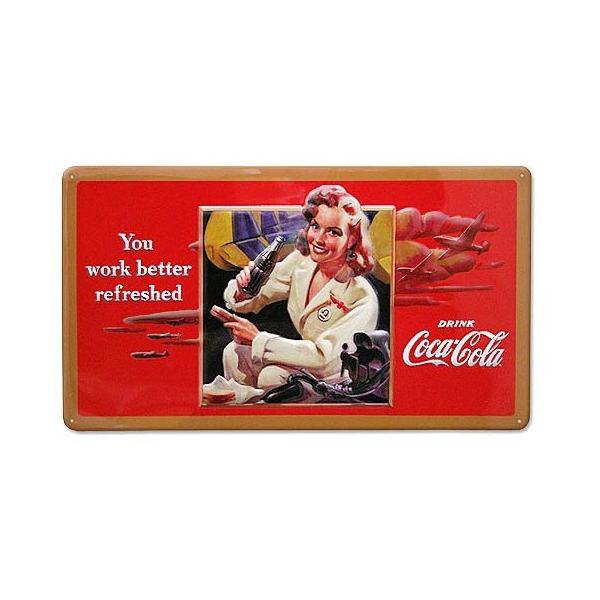 COCA-COLA Work Refreshed Beauty STEEL SIGNコカコーラBTS16/コカコーラエンボススチール看板・ビューティアメリカのアンディルーニー社のティンサイン。表面に凹凸を付け、立体感のあるエンボス加工サイン...