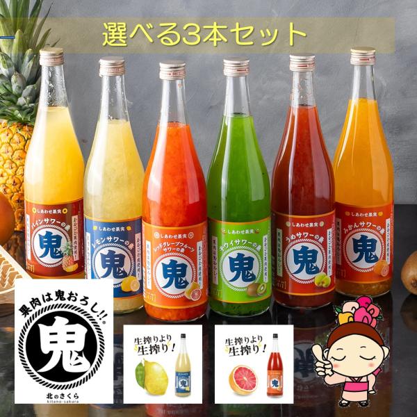 しあわせ果実 鬼おろしサワーの素8種類の中から3本を自由に選べます。キリッと爽快！生搾りより生搾り果肉は鬼おろし！！「お酒は20歳から！未成年者への酒類の販売は固くお断りしています！」