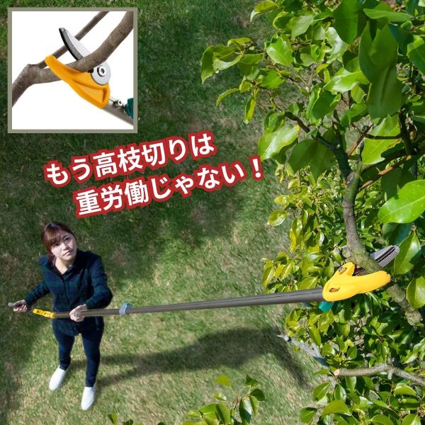 超軽量980ｇ！女性でもラクラク作業。腕で押し切る新構造ハンドルで驚くほどの軽い切れ味を実現。てこの原理により従来の高枝切鋏に比べ切る力を50％軽減し、楽に切断できます。女性や年配の方でも楽に剪定作業ができます。最大15mmまでの枝木（生木...