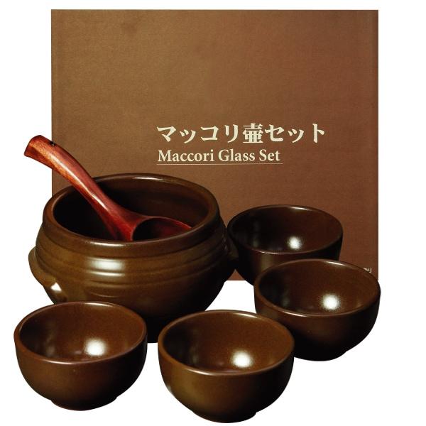 マッコリをもっと美味しく味わってみませんか？韓国製マッコリ酒器セットです。内容かめ（１Ｌ用）１個，杯４個，杓子１個