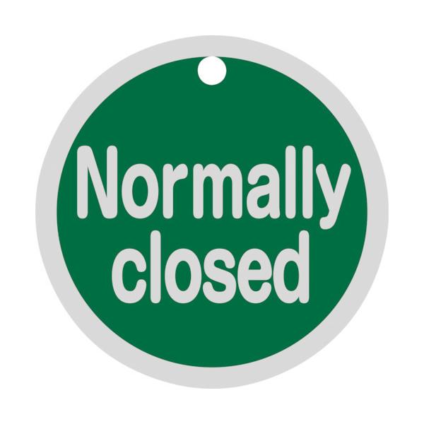 【メーカー】●（株）日本緑十字社【仕様】●色：緑●表示内容：Normally closed(常時閉)●厚さ(mm)：1●穴径(mm)：4●外径(mm)：50●取付方法：吊り下げタイプ(ボールチェーンなど別売)●両面表示●上部穴(4mm)×1...