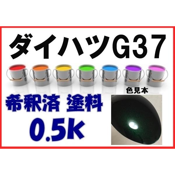 カラーナンバー：ダイハツG37　希釈済み塗料数量：0.5Ｋ色名：ブリティッシュグリーンマイカ車種：ミラ　などに使われています。●塗料はロックペイント、プロタッチの１液タイプです。　仕上げに必ずクリアー塗装をして下さい。●希釈済みのため、その...
