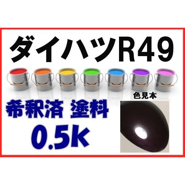 カラーナンバー：ダイハツR49　希釈済み塗料数量：0.5Ｋ色名：ミスティックレッドクリスタルM車種：ムーヴ　アルトなどに使われています。●塗料はロックペイント、プロタッチの１液タイプです。　仕上げに必ずクリアー塗装をして下さい。●希釈済みの...