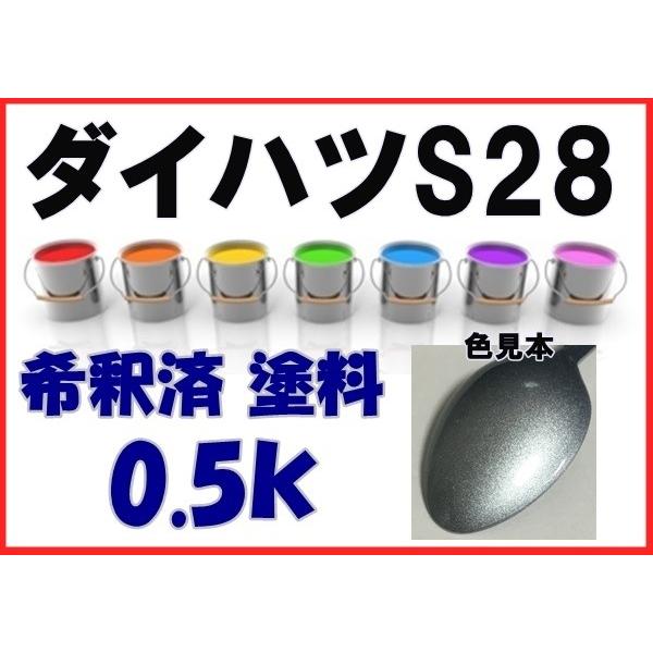 カラーナンバー：ダイハツS28　希釈済み塗料数量：0.5Ｋ色名：ブライトシルバーＭ　車種：ムーヴ　ミラ　などに使われています。●塗料はロックペイント、プロタッチの１液タイプです。　仕上げに必ずクリアー塗装をして下さい。●希釈済みのため、その...
