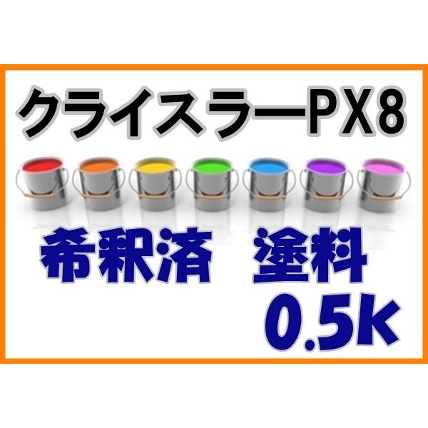 カラーナンバー　クライスラーPX8　希釈済み塗料数量：0.5Ｋ色名：ブラック●塗料はロックペイント、プロタッチの１液タイプです。　仕上げに必ずクリアー塗装をして下さい。●希釈済みのため、そのままエアーガンに入れて　すぐに塗装することができま...