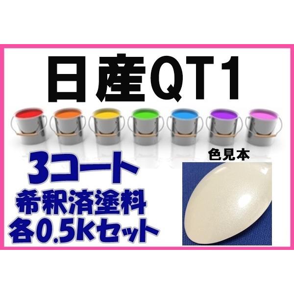 カラーナンバー：日産QT1　3コート　希釈済み塗料数量：ベース、コート　各0.5Ｋセット色名：ホワイト3P車種：エルグランド　プレーリー　などに使われています。　●塗料はロックペイント、プロタッチの１液タイプです。　仕上げに必ずクリアー塗装...