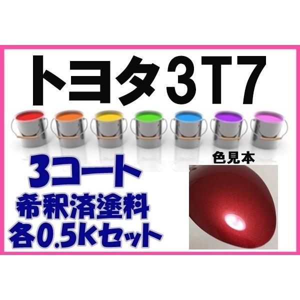 カラーナンバー：トヨタ3T7　3コート　希釈済み塗料数量：ベース、コート　各0.5Ｋセット色名：エモーショナルレッド車種：プリウス　などに使われています。●塗料はロックペイント、プロタッチの１液タイプです。　仕上げに必ずクリアー塗装をして下...