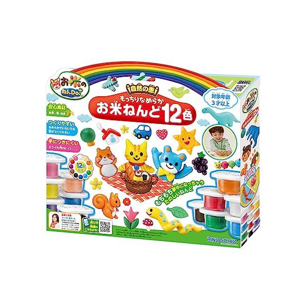 ・もっちり感触！なめらかでのびがよく、いろいろな形が作りやすいお米のねんどのケース入り12色セットです。・ねんDo！シリーズにお米が仲間入り！米粉と塩の安心素材で作られています。・お米特有の弾力があり、なめらかで細やかな造形にも向いています！