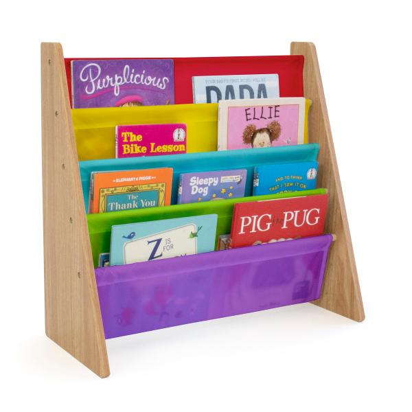 ・Toddler-sized kid's bookshelf displays books with covers facing forward for easy identification.・Four deep fabric stora...