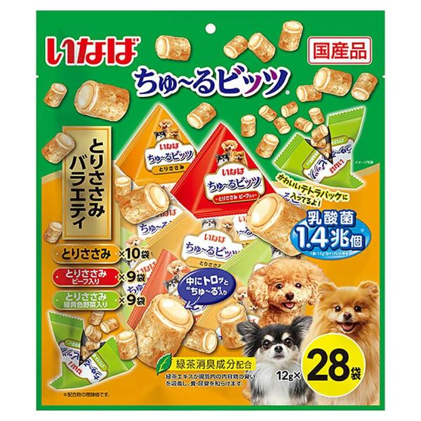 ・外はふっくら、中はトロッとちゅ〜る入りで２つの食感が楽しめます。・乳酸菌1.4兆個（1袋あたり500億個）配合で、わんちゃんの健康を維持し、お腹の調子を保ちます。・3つの味が楽しめるバラエティパック。