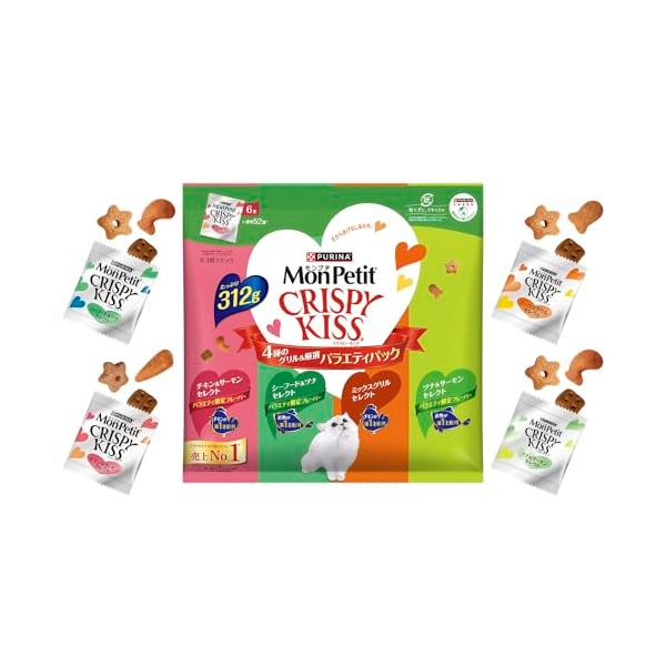 １袋に４つのおいしさ！グルメなネコちゃんも満足する大袋バラエティパック！お魚やお肉を第１主原料に使用した、香り広がるクリスピーなおやつ。【フレーバー】チキン＆サーモンセレクト、シーフード＆ツナセレクト、ミックスグリルセレクト、ツナ＆サーモン...