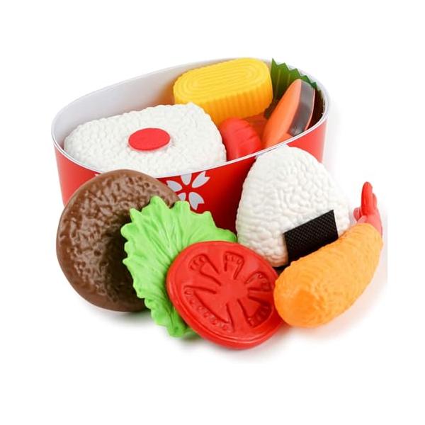 ママになりきってお弁当が作れるおままごとセット・手に持った時の質感も楽しめる、やわらかい素材を使っています・セット内容：おにぎり、ごはん、エビフライ、しゃけ、ウインナー、たまごやき、トマト、ハンバーグ、レタス、ランチボックス、バラン