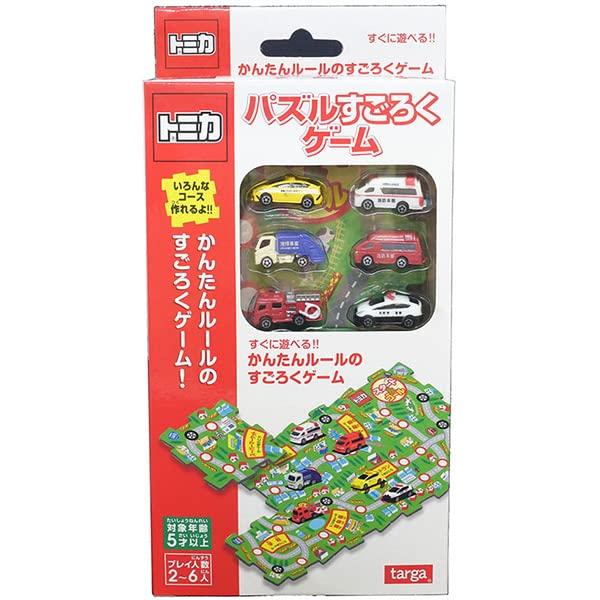 (C)TOMY・パッケージサイズ:W110×H220×D28mm・セット内容:サイコロ1個、トミカコマ6個、カード16枚、ゲームボード8枚・プレイ人数:2-6人