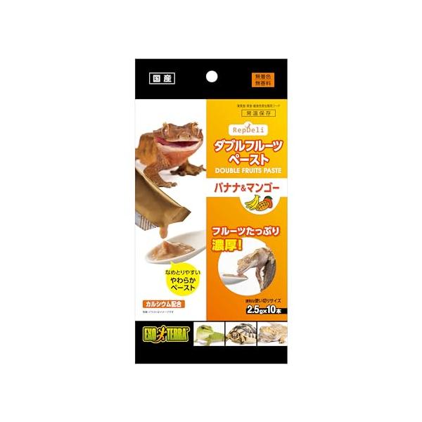 フルーツたっぷり濃厚!なめとりやすいやわらかいペースト バナナとマンゴーをたっぷり配合した雑食生爬虫類やトッピングに最適なフードです。便利な使い切りサイズで使いやすい!・●カルシウム配合 ●無着色・無香料 ●常温保存 ●国産・■栄養豊富で嗜...