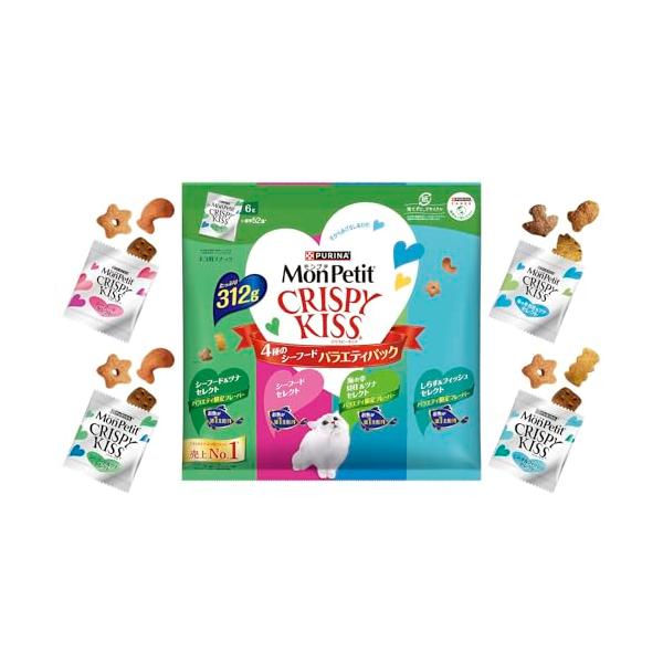 パッケージ個数:1・１袋に４つのおいしさ！グルメなネコちゃんも満足する大袋バラエティパック！お魚を第１主原料に使用した、香り広がるクリスピーなおやつ。【フレーバー】シーフード＆ツナセレクト、シーフードセレクト、海の幸　貝柱＆ツナセレクト、し...