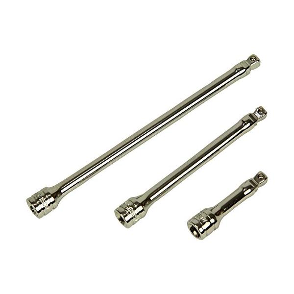 ・用途:深くて狭い場所でハンドル操作がしにくい場合のソケットの延長・差込角:6.35mm(1/4インチ)・仕様:クロームメッキ鏡面仕上・材質:クロームバナジウム鋼・セット内容:50mm×1・100mm×1・150mm×1