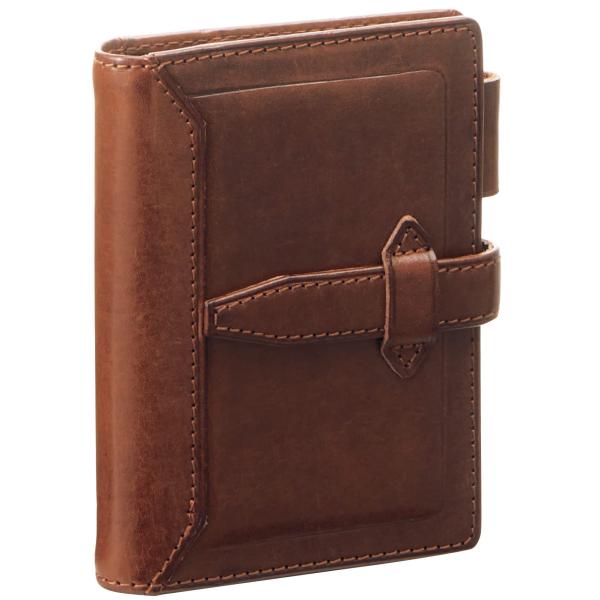 ・オイルとワックスをたっぷり染み込ませた、磨くと宝石のような艶が出るシステム手帳・【カラー】ダークブラウン【サイズ】mini5（幅94×高さ120×奥行24mm）・【リング内径】11mm【素材】ヌメ革（牛革）・可動式ペンホルダー付き（最大約...