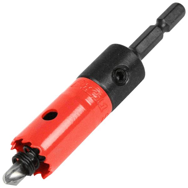 ・サイズ:19mm、刃厚:0.8mm・穴あけ可能板厚:一般鋼(鉄)3.2mm・軸径:6.35mm六角軸、センタードリル:6mm・使用機種:電気ドリル・適正回転数:鉄工用電気ドリル600〜1200RPM