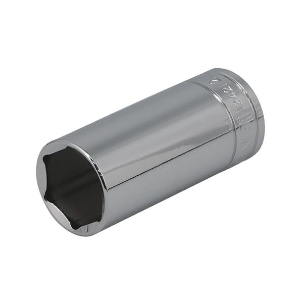 ・差込角(SQ)：3/8 六角タイプ・サイズ(mm)：21 全長(L；mm)：64・先端部外径(D1；mm)：28 差込部外径(D2；mm)：28 ソケット深さ(T；mm)：30・ミラー仕上げのメッキが美しいスタンダードソケットセット