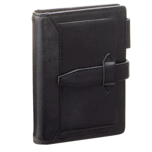 ・オイルとワックスをたっぷり染み込ませた、磨くと宝石のような艶が出るシステム手帳・【カラー】ブラック【サイズ】mini5（幅94×高さ120×奥行24mm）・【リング内径】11mm【素材】ヌメ革（牛革）・可動式ペンホルダー付き（最大約14m...