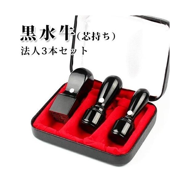 【品　名】黒水牛3本法人印鑑セット【サイズ】天丸18mm+天丸16.5mm+角印21mm【ケース】高級法人印鑑ケース【お勧め】代表者印天丸18mm：銀行印天丸16.5mm：【内　容】漢字・カタカナ・ひらがな・アルファベット等【紹　介】黒い威...