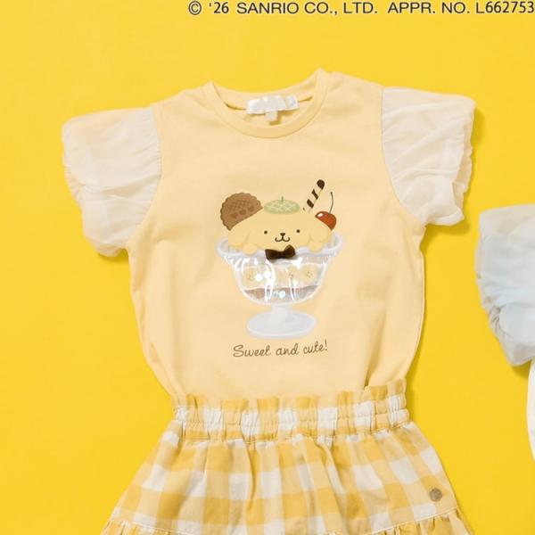サンリオ キャラクター ポムポムプリン コラボ Tシャツ 半袖 トップス カットソー パフェ スパンコール チュール袖 シフォン袖 子供服 子ども 女の子 ガールズ 夏 通学 通園 お出かけ かわいい おしゃれ プレゼント ギフト 贈り物 ...