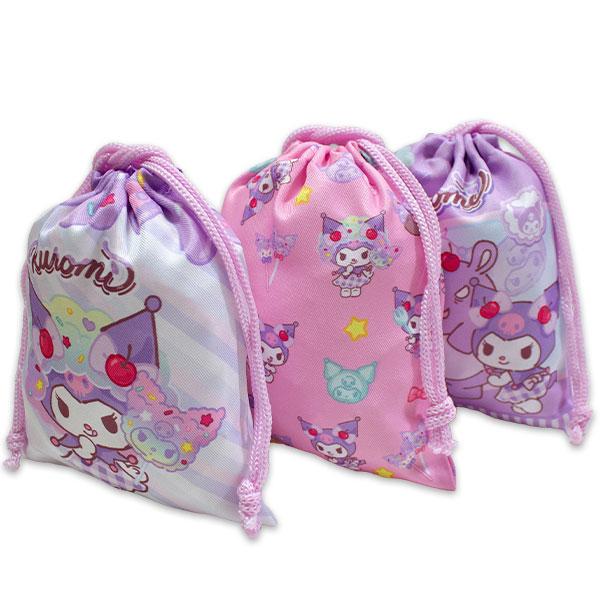 巾着 きんちゃく 袋 コップ袋 小物入れ かばん ナフキン袋 ランチクロス袋 クロミ kuromi サンリオ Sanrio最新柄の巾着3枚組になります。ハーモニカ入れ（小さな楽器など）や定規・コンパス・ナフキンなど入るサイズなのでその時の用...