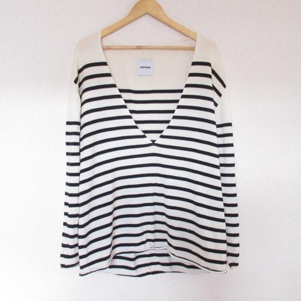 【商品名】ANTHOM アントム ボーダー カットアウト Vネック 長袖 ニット プルオーバー セーター カットソー 38 ブラック ホワイト【ブランド】ANTHOM アントム【対象】レディース【ランク】SA ※若干の使用感はあるが、全体的...