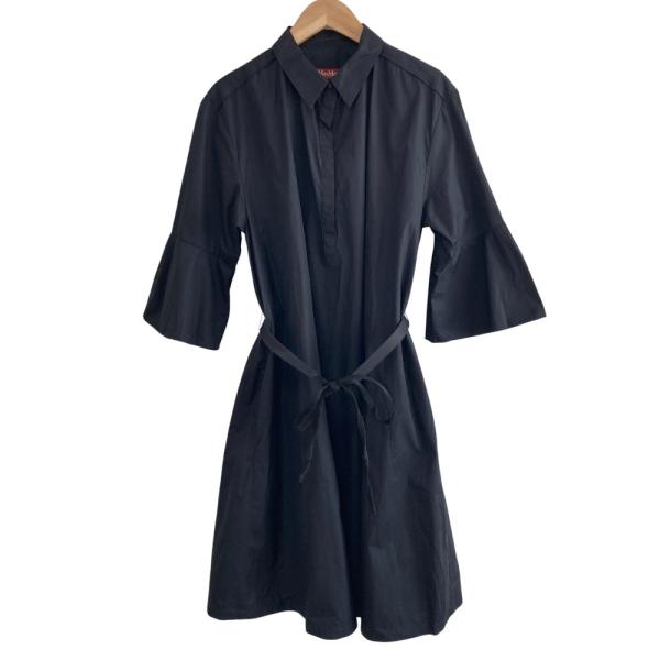 【商品名】Max Mara STUDIO マックスマーラステュディオ ベルテッド シャツドレス 七分袖 ミディワンピース ブラック【ブランド】Max Mara STUDIO マックスマーラ ステュディオ【対象】レディース【ランク】A ※使用...