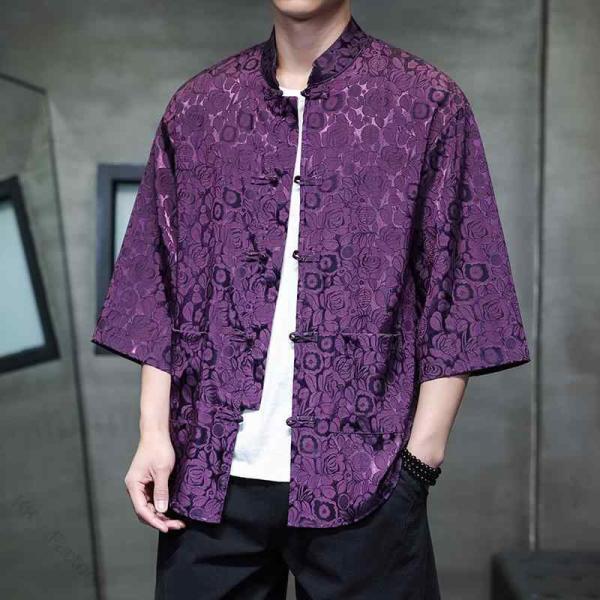 【原産国／製造国: 中国】  .夏服 メンズ シャツ 紫 ダーク 総柄 チャイナ レトロ 中国 ストリート 唐装 漢服 半袖 ゆったり 七分袖 カジュアル 柄入り アジアン 和風 祭り 旅行 普段着 おしゃれ 人気 おすすめ 体型カバー 涼...