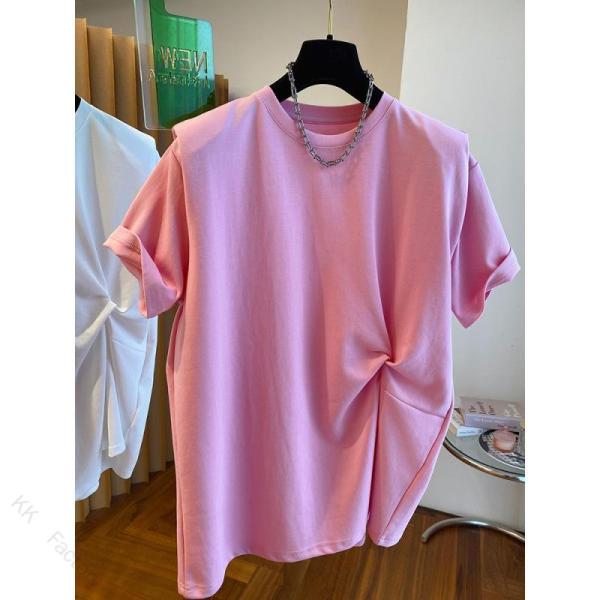 【原産国／製造国: 中国】  .Tシャツ、女性用、短袖、ゆったり、トワイスド、デザイン、肩パッド、綿、コットン、吸湿速乾、通勤、普段使い、部屋着、ビッグシルエット、Vネック、ブラック、ピンク系、アイボリー、夏、春夏、カジュアル、おしゃれ、体...