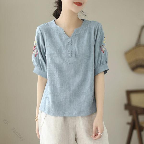 ・カテゴリ: Tシャツ・主な素材: 綿50%-70%、麻・柄: 無地・スタイル: プルオーバー、エレガント、カジュアル、通勤・袖丈: 半袖・装飾: 刺繍・シルエット: ストレート・ネックライン: スタンドカラー・袖タイプ: ランタンスリーブ...