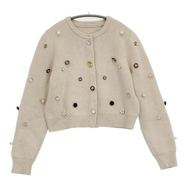 L282444-923408-69    Ameri VINTAGE TWINKLE BIJOU SHORT KNIT TOP サイズM クルーネック カーディガン ベージュ アメリヴィンテージ 6-0309T 282444【参考ランク】A...