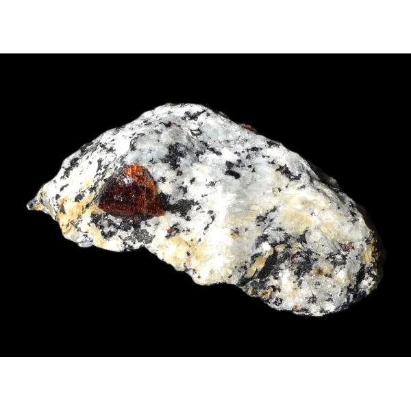 母岩の片麻岩に濃い赤いジルコンの結晶が付いている標本です。標本のサイズは約65×20ｍｍパキスタン産