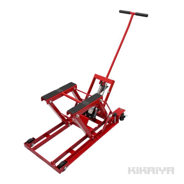 ・足踏みペダル式油圧ジャッキで重いバイクも楽に素早く上昇させます・キャスター付でピット内を自由に移動させる事が可能です・バイクと本体を固定させるベルト2本付・3段階の下がり止めストッパーで、ジャッキが下がるのを防ぎます・移動用のハンドルは脱...